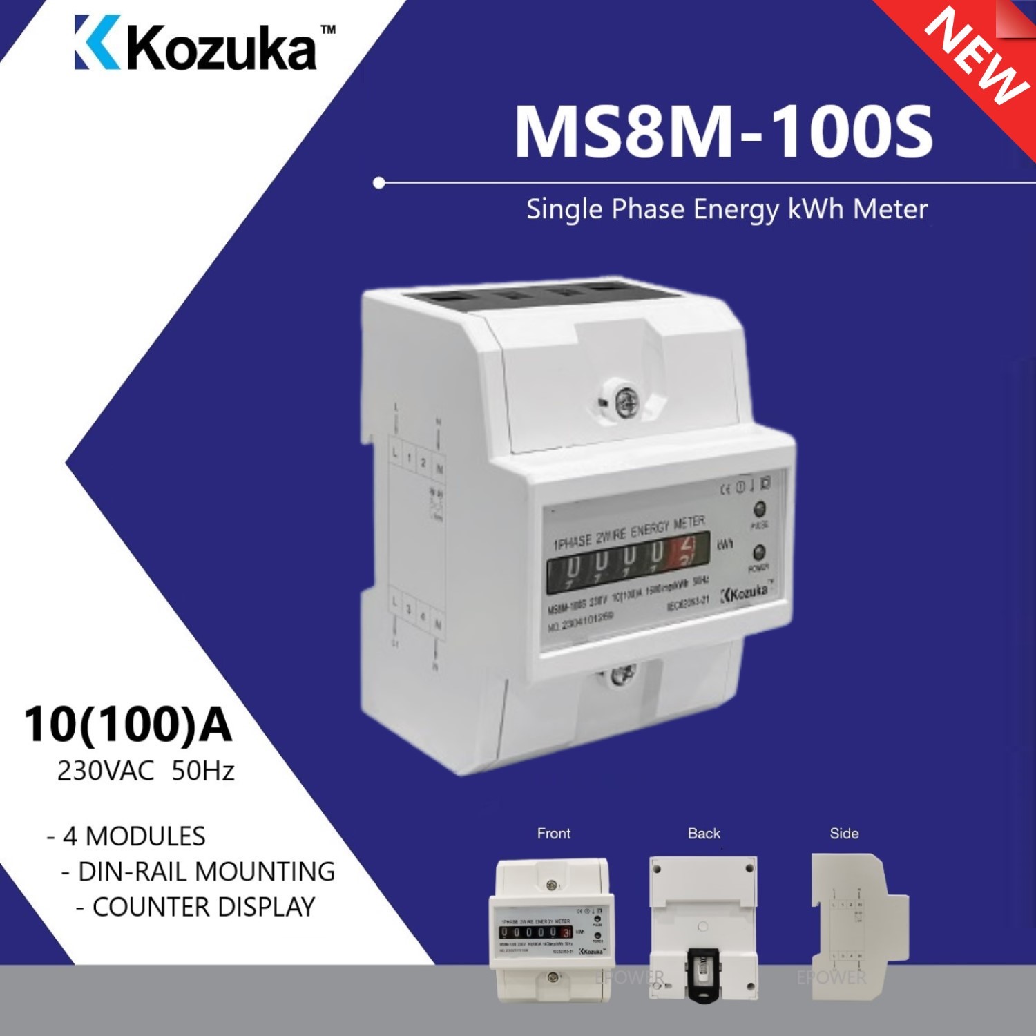 KOZUKA SINGLE PHASE 100A DIN RAIL TYPE ANALOG ENERGY Kwh METER MS8M ...